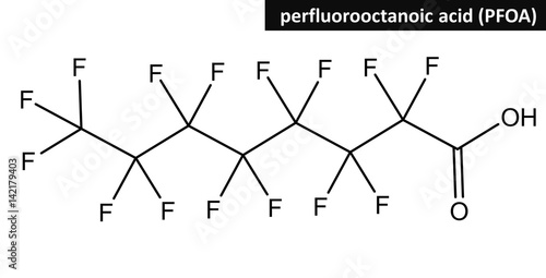 "Molecular structure of Perfluorooctanoic acid (PFOA), 3D rendering ...