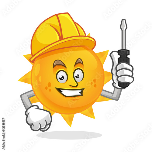 Worker Sun Mascot Wearing Hard Hat And Holding Screwdriver Sun