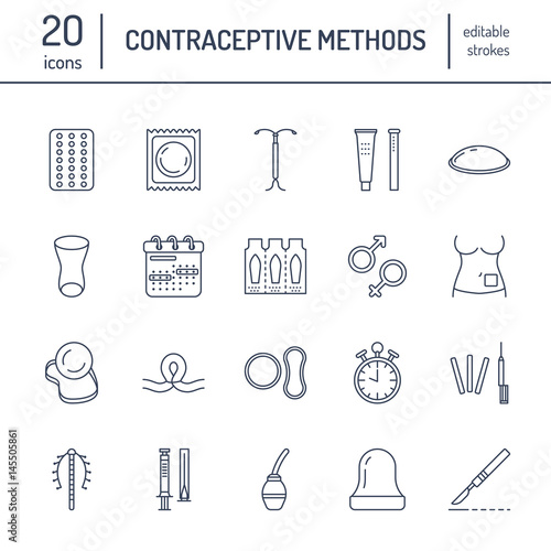 Contraceptive Methods Line Icons Birth Control Equipment Condoms