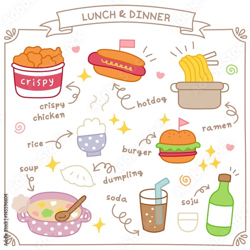 "Set of Cute Lunch and Dinner Doodle" Stock image and royalty-free ...