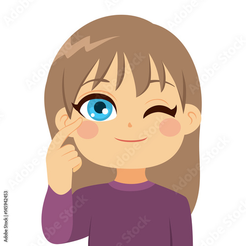 "Little girl pointing finger towards eye concept" Stock image and ...