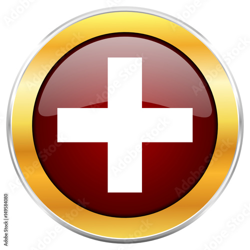 "Plus red vector icon with golden border isolated on white background ...