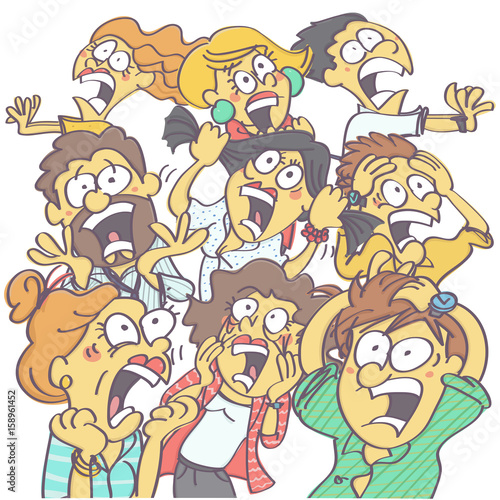 "Colorful, funny vector carton with group of people panicking and ...