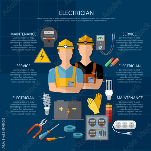 "Professional electrician infographics. Electricity tools installation ...
