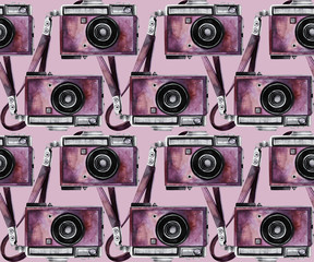 Sewing fabric with Watercolor vintage camera pattern - CottonBee