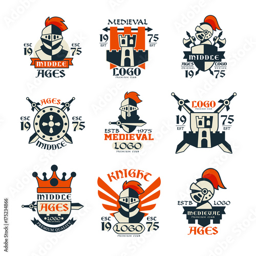 "Middle ages logo design set, vintage medieval emblem since 1975 vector ...