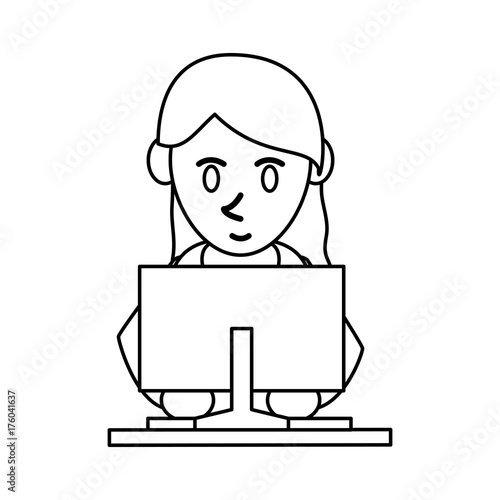 "woman using computer icon image frontview vector illustration design ...