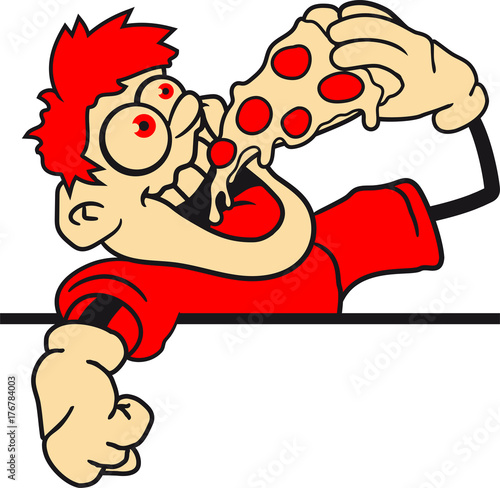 "text schreiben junge mann genießen stück salami pizza lecker essen ...