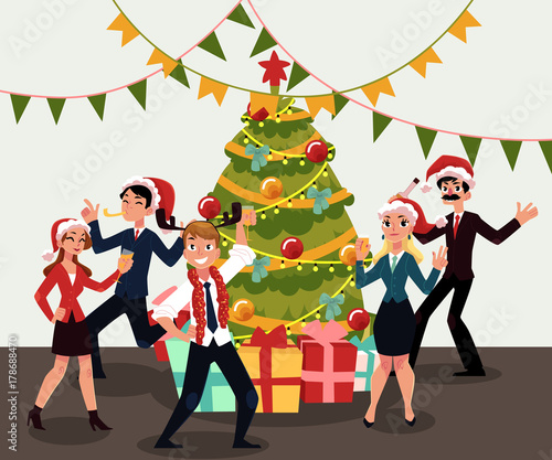 "People in Santa Claus hats having corporate Xmas party, celebrating ...