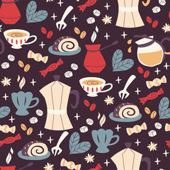 Sewing fabric with Background with Coffee Cups, Cakes, Coffee Beans and ...