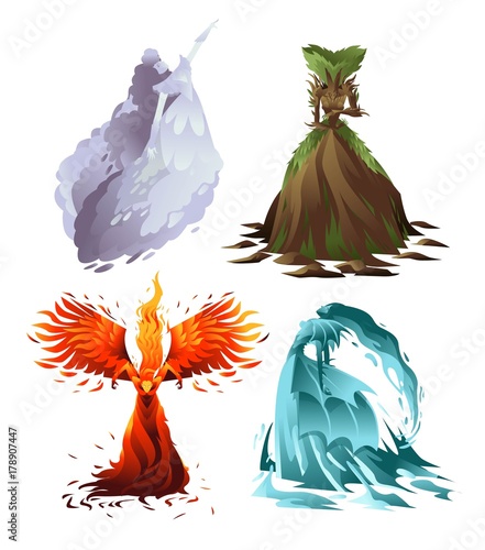 "air, earth, fire and water elementals fantasy creatures" Stock image ...