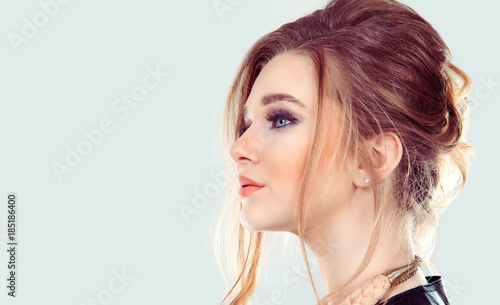 "Beautiful woman portrait in side profile thinking. Beauty Spa girl ...