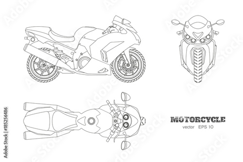 "Outline drawing of motorcycle. Side, top and front view. Detailed ...