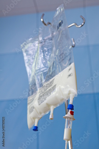 "Close up of Total Parenteral Nutrition (TPN) fluids bag on IV stand ...