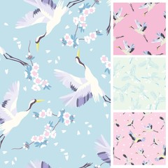 Sewing fabric with crane, pattern, vector, illustration, set - CottonBee