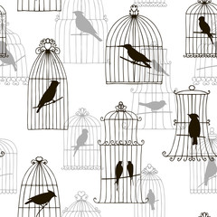 Sewing fabric with vector seamless pattern with birds in cages - CottonBee