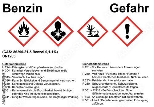 "Sicherheitsetikett Benzin nach GHS Verordnung mit H und P Sätzen ...