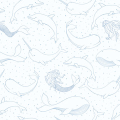 Sewing fabric with Vector seamless pattern with whales, mermaids ...