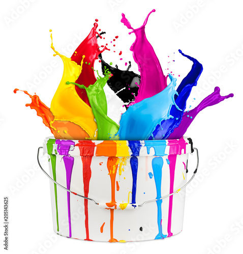 "Wild color splash in paint bucket isolated on white background ...