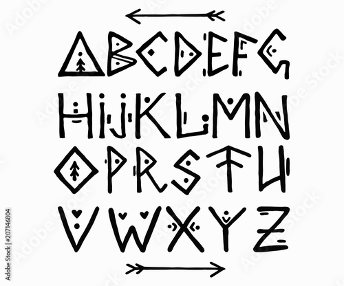 "Ethnic font in scandinavian style. ABC hand drawn letters. Ancient ...