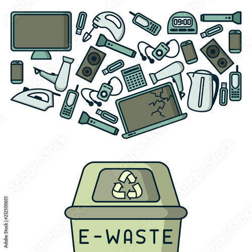 "E-waste illustration with trash and dumpster. Linear style vector ...