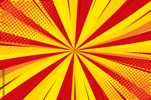 "Pop art retro comic. Yellow-red background. Lightning blast halftone ...