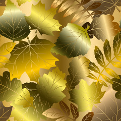 Sewing fabric with Autumn golden leaves, gold seamless pattern - CottonBee
