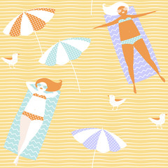 Sewing fabric with Girls relaxing in the plage. Young beautiful woman ...