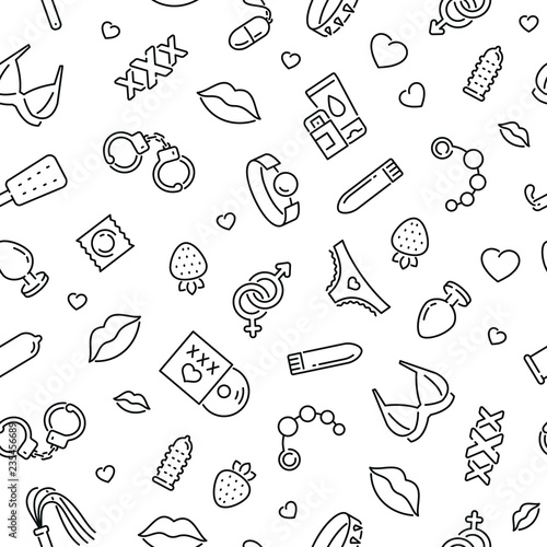 Seamless Pattern With Sex Shop Black And White Thin Line Icons