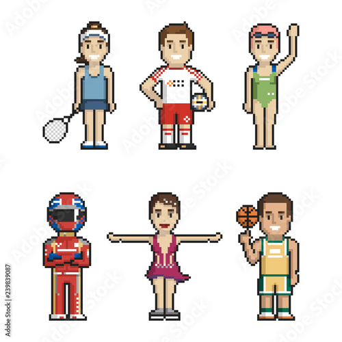 "Set of athletes pixel art on white background. Vector illustration ...