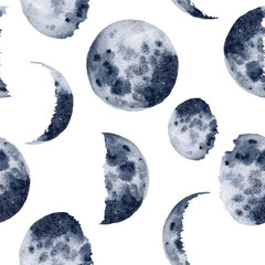 Sewing fabric with Watercolor moon phases pattern. Hand painted various ...