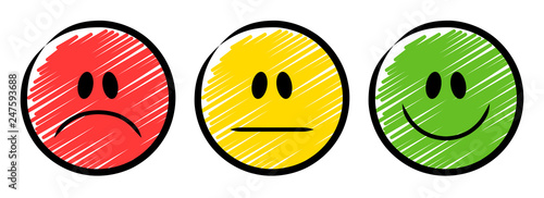 "3 Ampel-Smileys in rot, gelb und grün – traurig, neutral und lächelnd ...