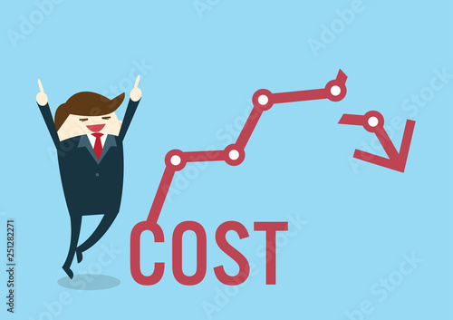 "Cost reduction concept. Cost down. Businessman happy to cut the arrow ...