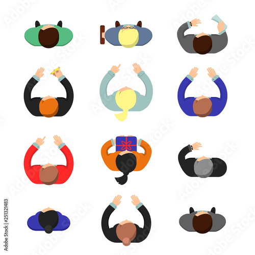 "Managers top view. Standing or sitting business people male and female ...