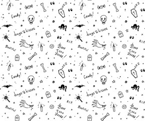 Sewing fabric with Hand drawn black and white Halloween seamless ...