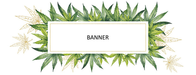 Sewing fabric with Watercolor illustration. Banner with cannabis leaves ...