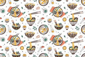 Sewing fabric with Ramen soup hand drawn seamless pattern. Traditional ...