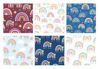 Sewing fabric with Rainbow seamless pattern set. Vector hand drawn ...