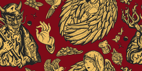 Sewing fabric with Angel and demon gothic seamless pattern. Sin and ...