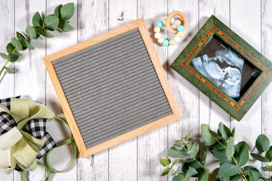 Baby birth or pregnancy announcement letterboard flatlay. On-trend farmhouse theme craft product mockup on a white wood background. Negative copy space for your design here. Stock Photo | Adobe Stock
