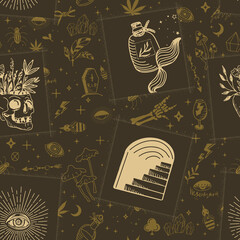 Sewing fabric with Mystical and magical symbols, seamless pattern ...