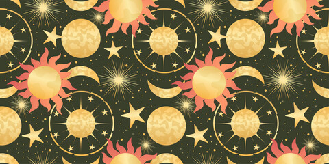 Sewing fabric with Celestial seamless pattern with sun, moon and stars ...