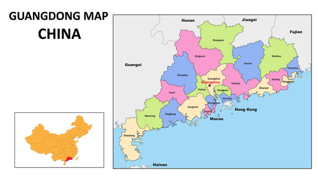 Fototapeta: Guangdong Map of China. State and district map of Guangdong ...