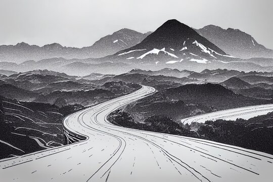 Winding Road Drawing Mountain