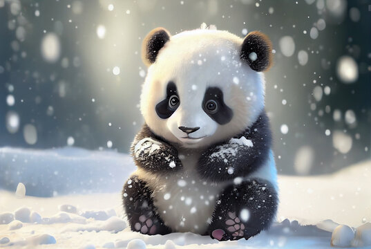 Baby Panda Playing In Snow