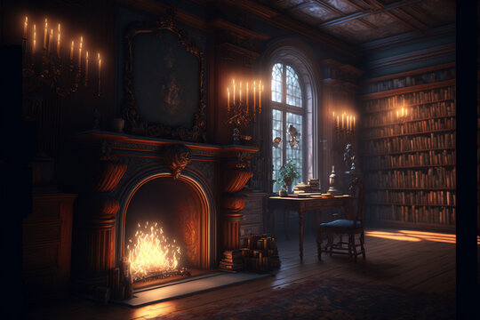 Cozy Library With Fireplace
