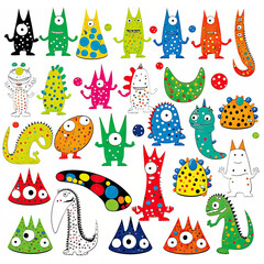 Sewing fabric with set of colorful cartoon polka dot creatures and ...