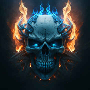 Blue Fire Flames Skull