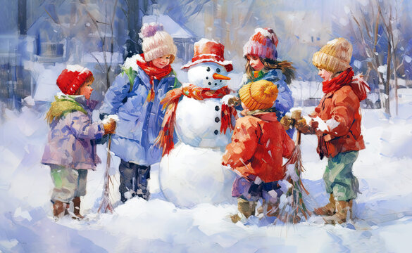 Paintings Of Children Playing In Snow