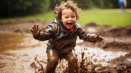Joyful Child Playing in Mud Puddle for National Children's Day Celebration